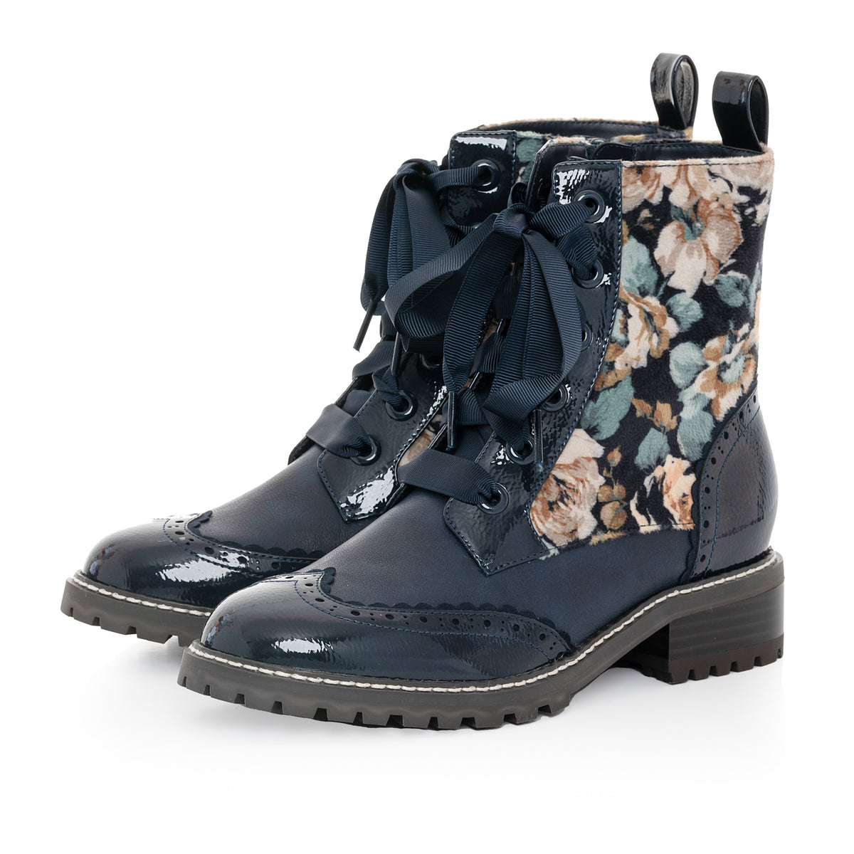Sante Navy Floral Chunky Flexible Lace Up Boot by Ruby Shoo – Belle Divino