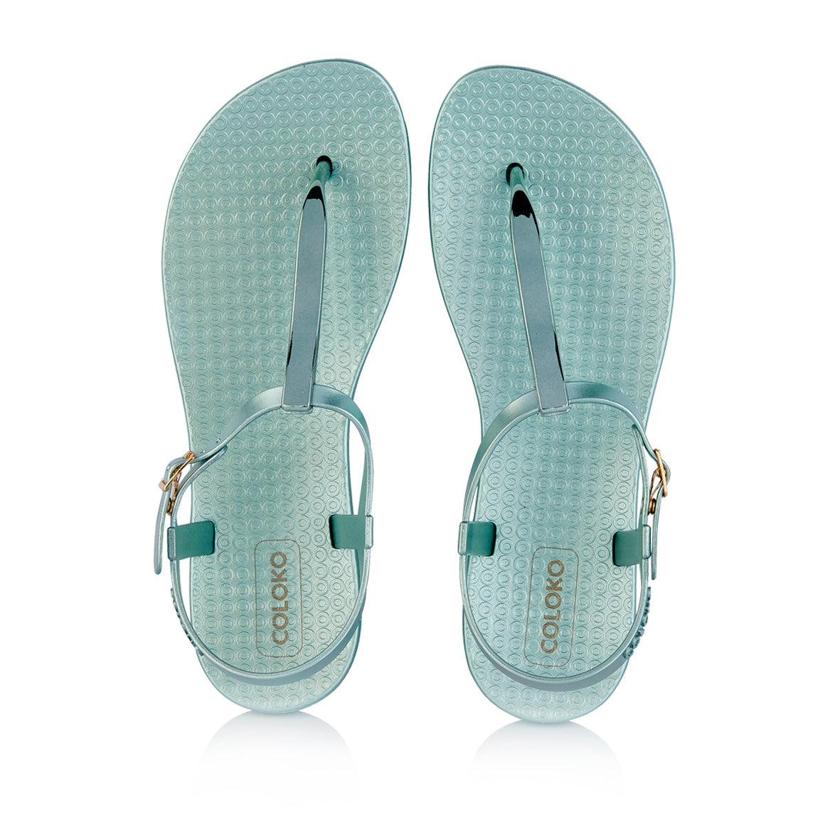 Coloko Sakura Metallic Green Chrome Curve Slim Sole T-bar Flip Flops S ...