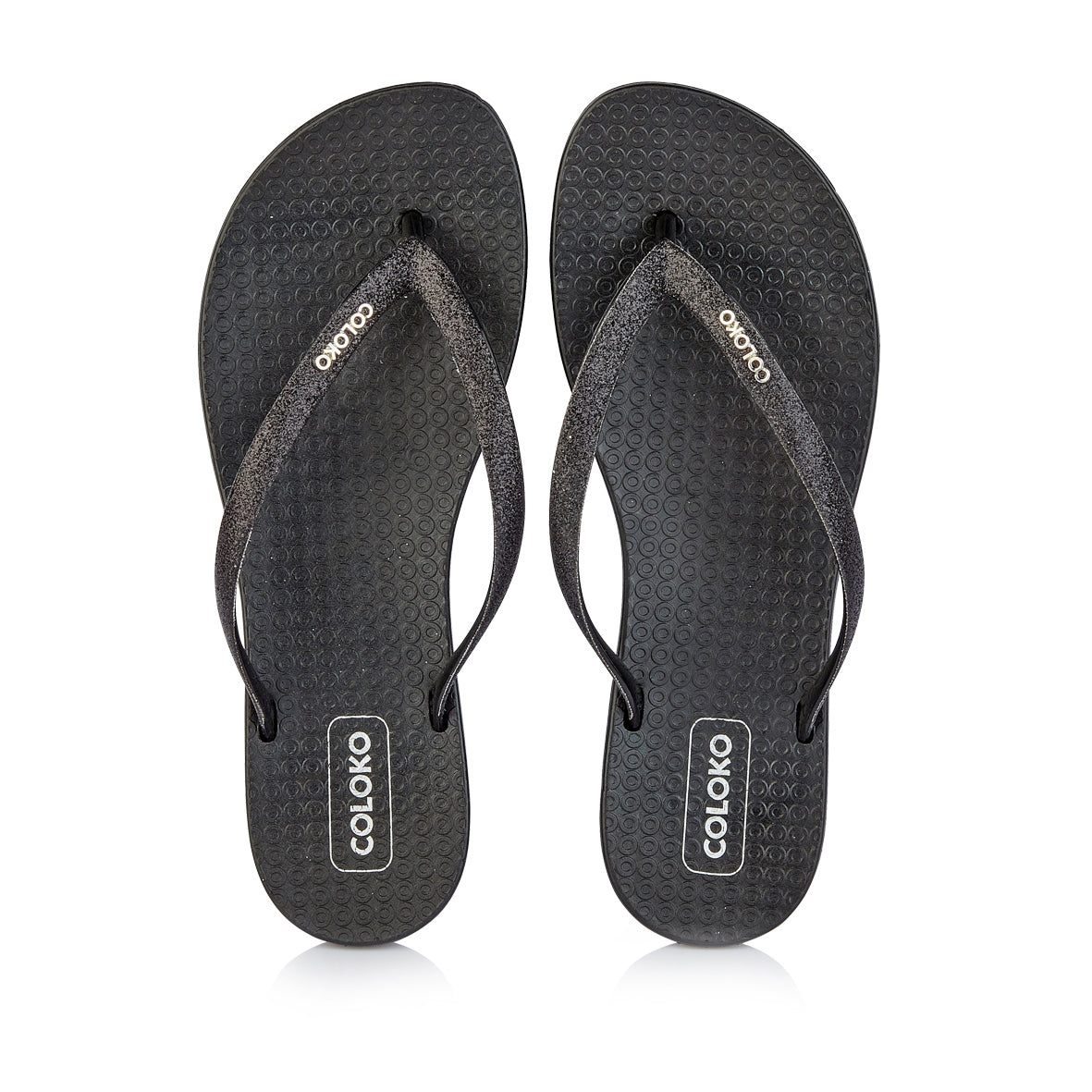 Coloko Orchid Black Glitter Curve Slim Sole Sparkly Glamorous Flip Flo ...