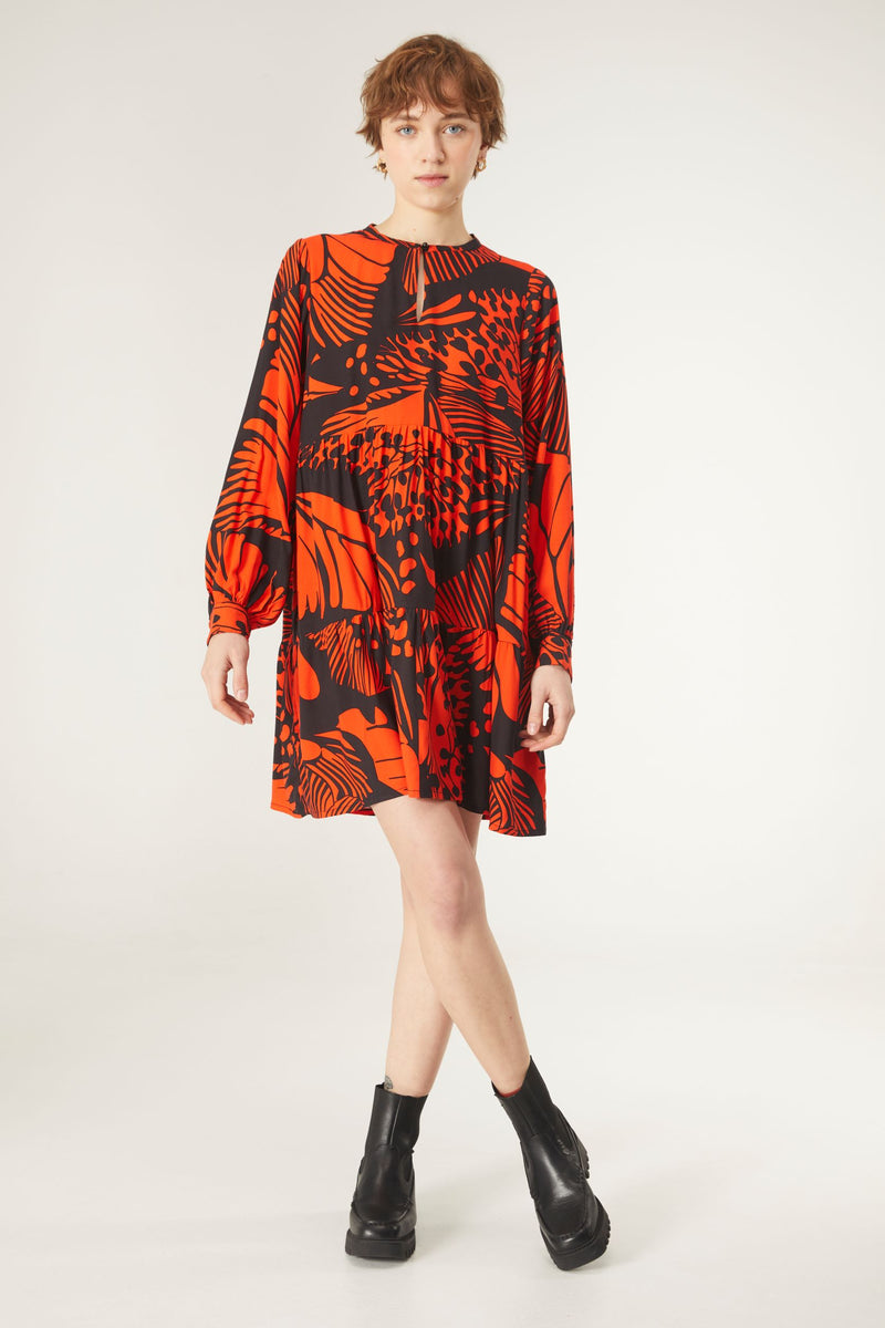 Red Butterfly Print Oversize short dress with gathered detail by Compa ...