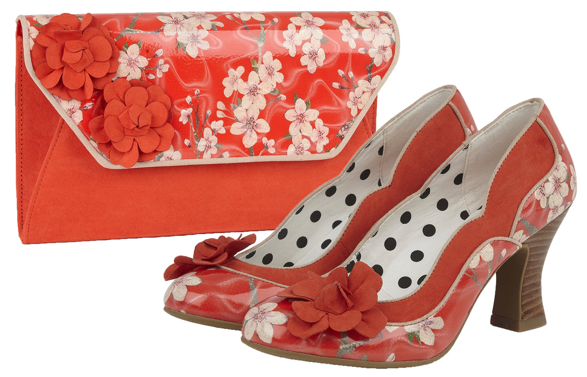 Viola Coral Floral Mid Heel Court Shoes & Matching Deia Bag by Ruby Sh ...