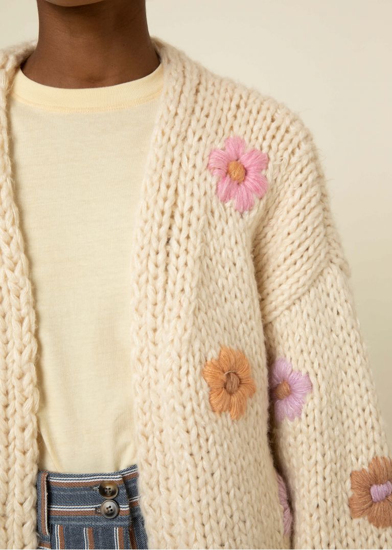 Taya Chunky Cream Cardigan with Pastel Flowers by Frnch – Belle Divino
