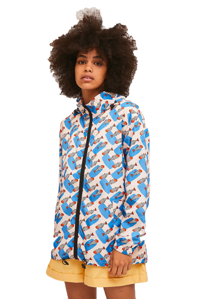 Blue Sardine Print Short Hooded Raincoat Parka SS21COC30 by Compania F ...