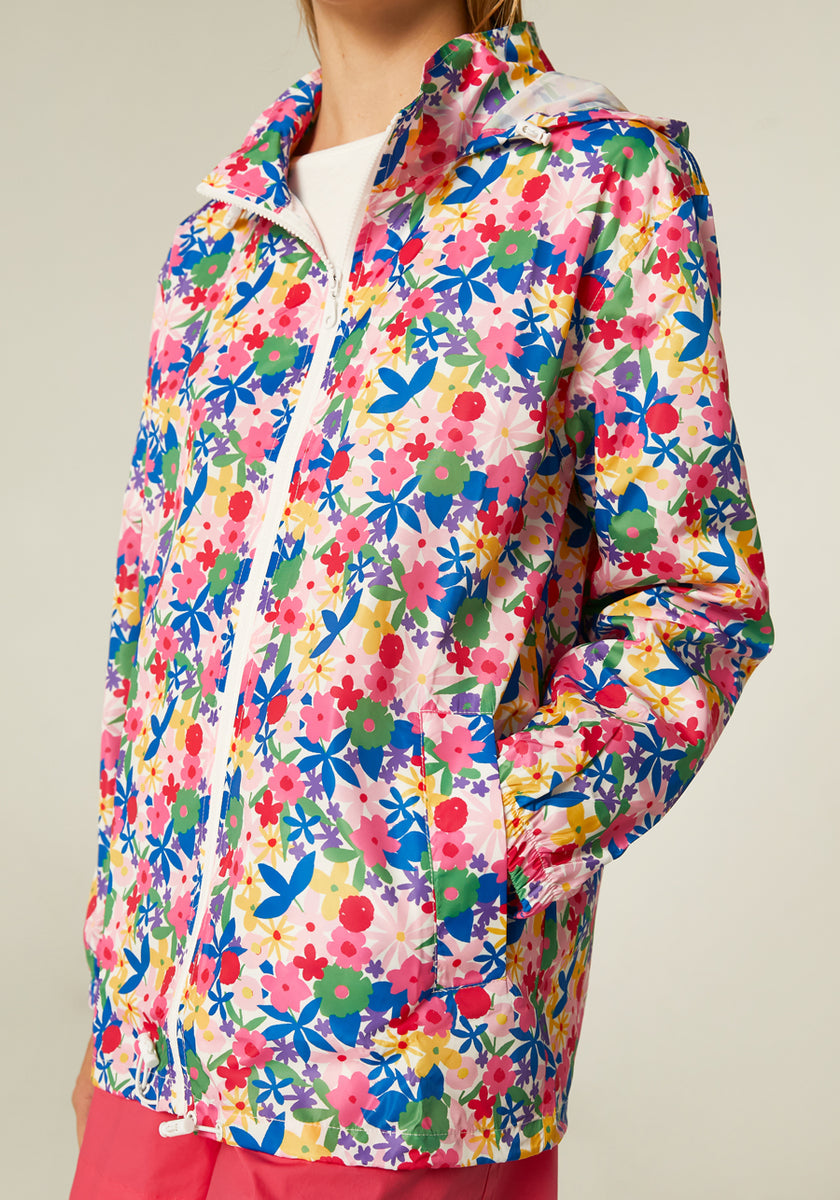 Multi coloured floral print short hooded raincoat with zip by Compania ...