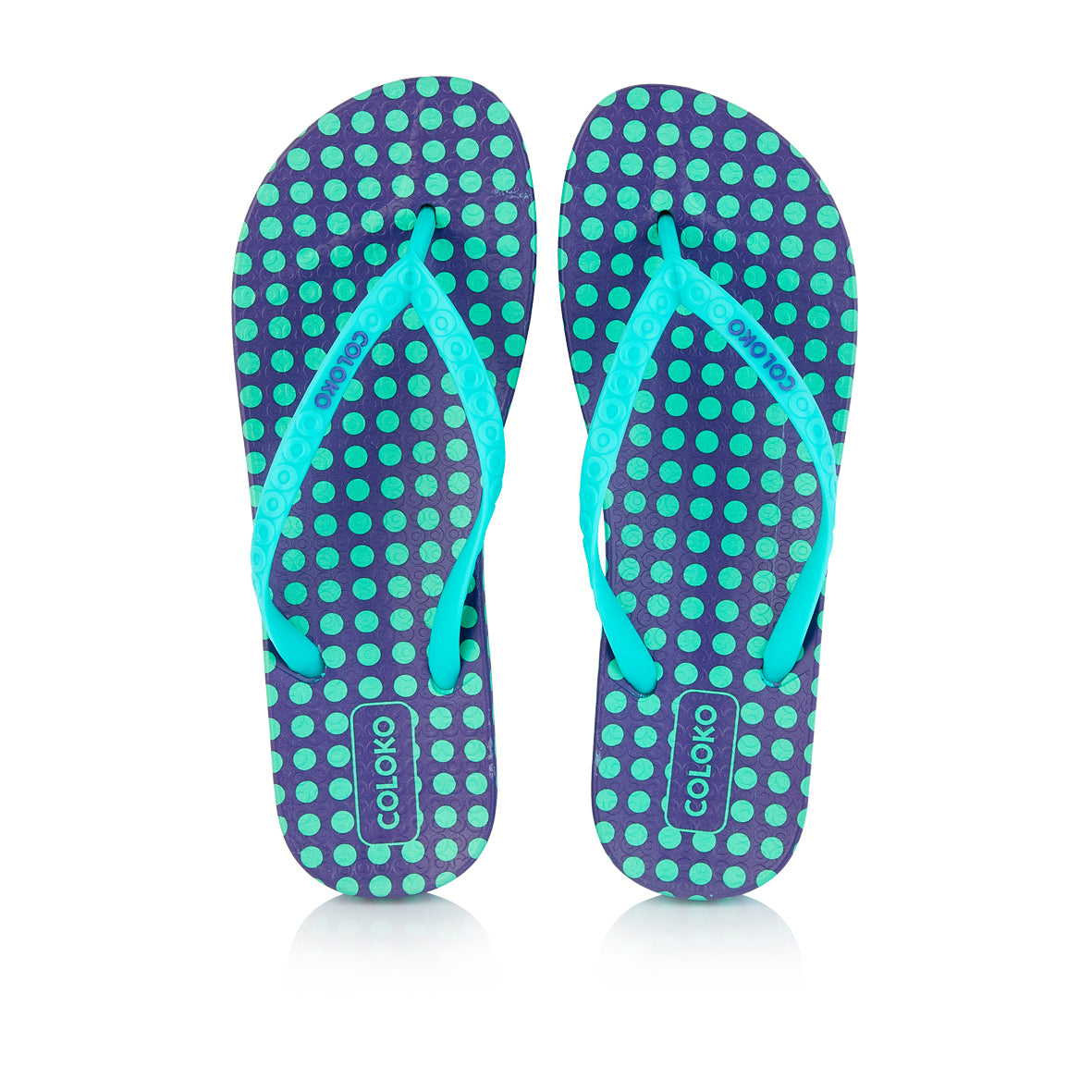 Coloko Laelia Blue & Purple Spot Ergonomic Footbed Flip Flops – Belle ...