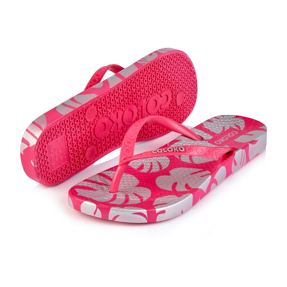 Coloko Ixora Pink & Silver Leaf Ergonomic Footbed Flip Flops – Belle Divino