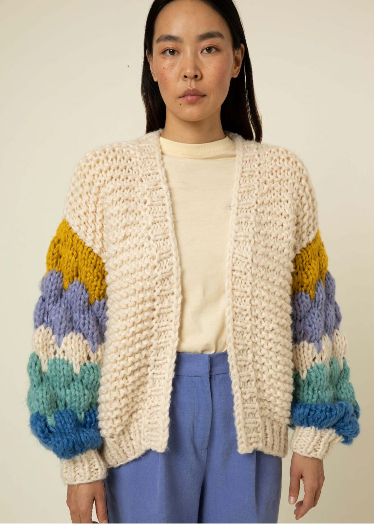 Odille Chunky Cream Cardigan with Striped Pastel Rainbow Sleeves by Fr ...